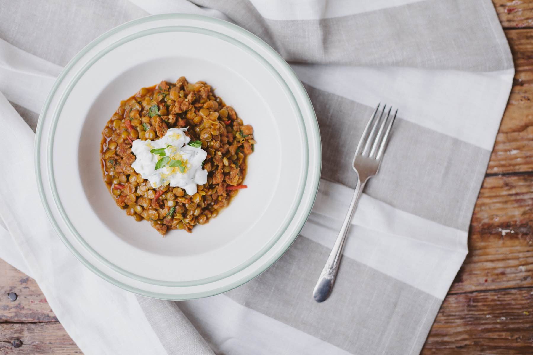 Moroccan Lentil Risotto with Lamb Merguez Sausage and Cucumber Lemon Yogurt - My Kitchen Love